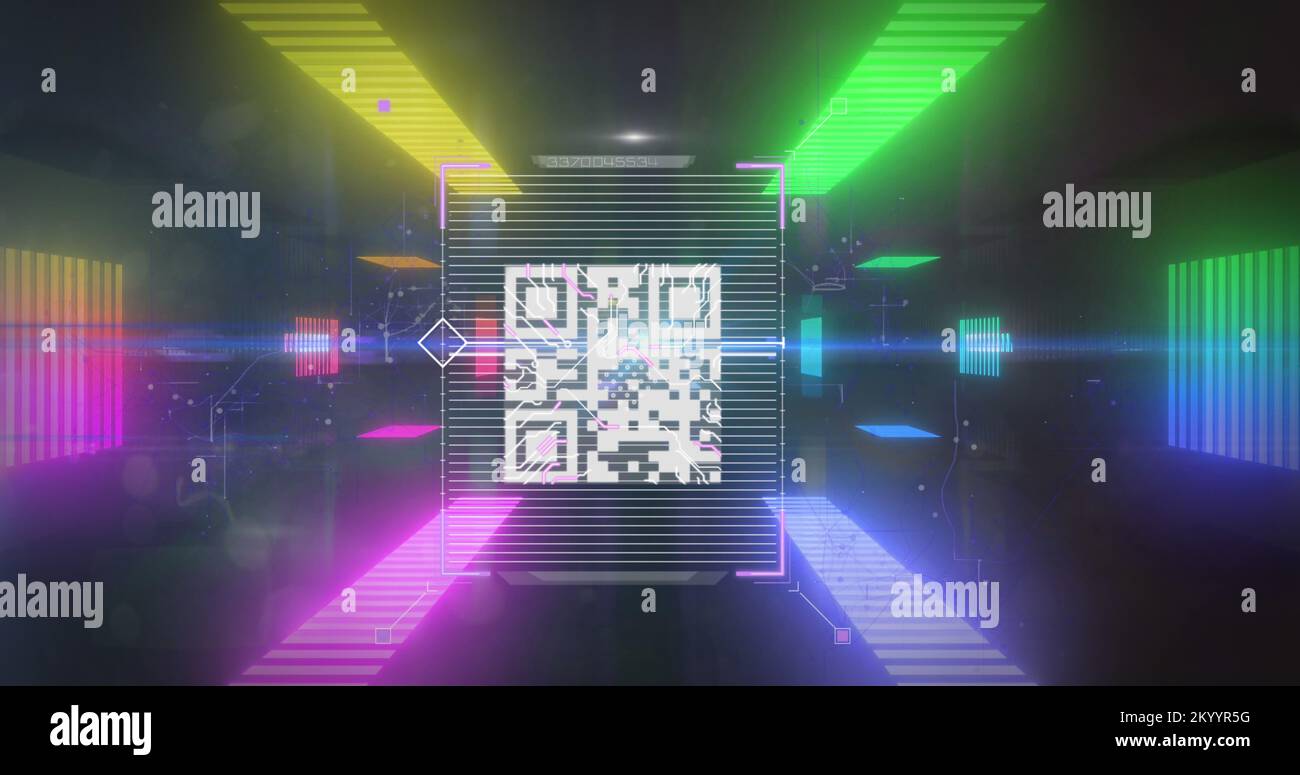 QR code scanner over thumb scanning against glowing tunnel Stock Photo - Alamy