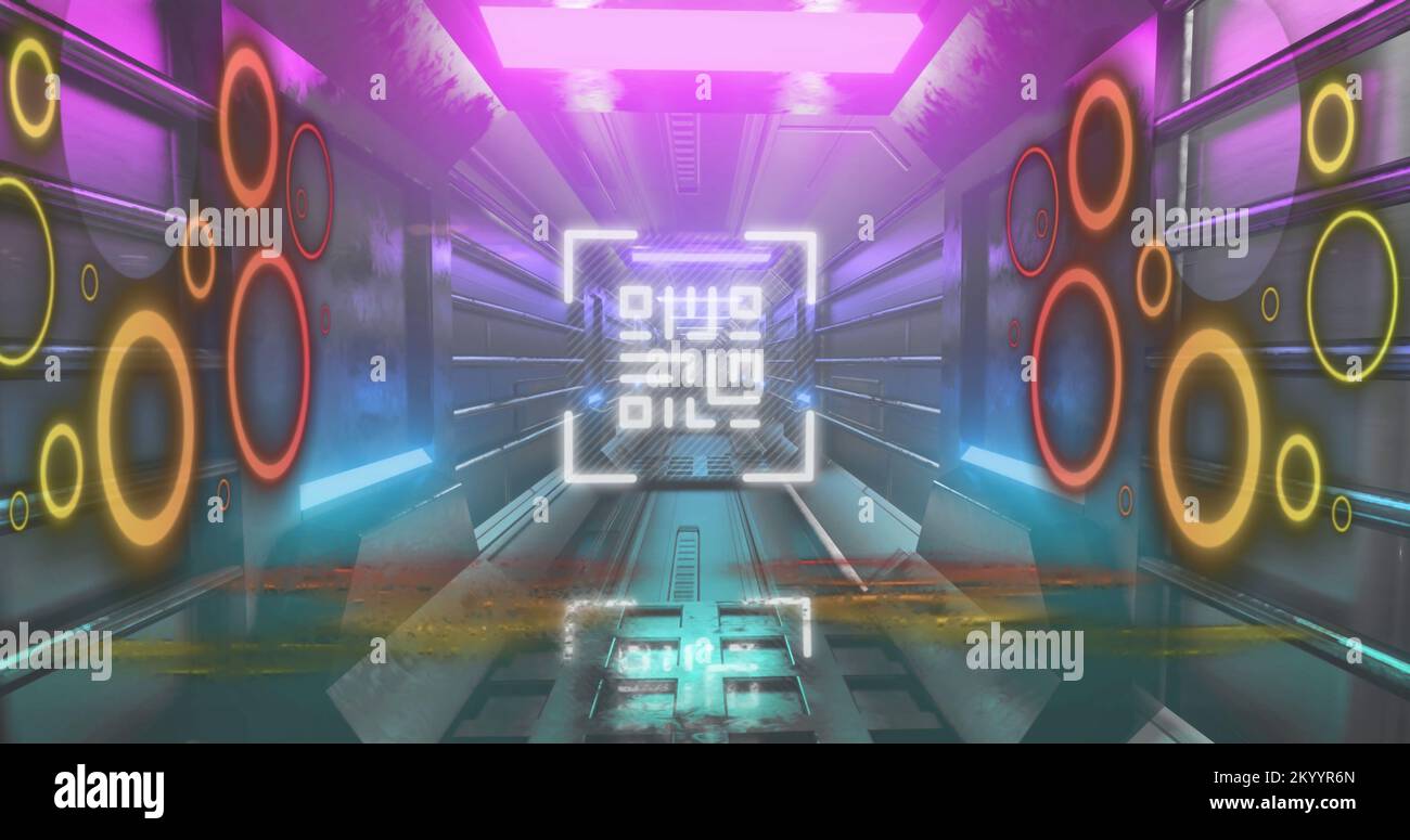 QR code scanner with neon elements against glowing tunnel Stock Photo ...