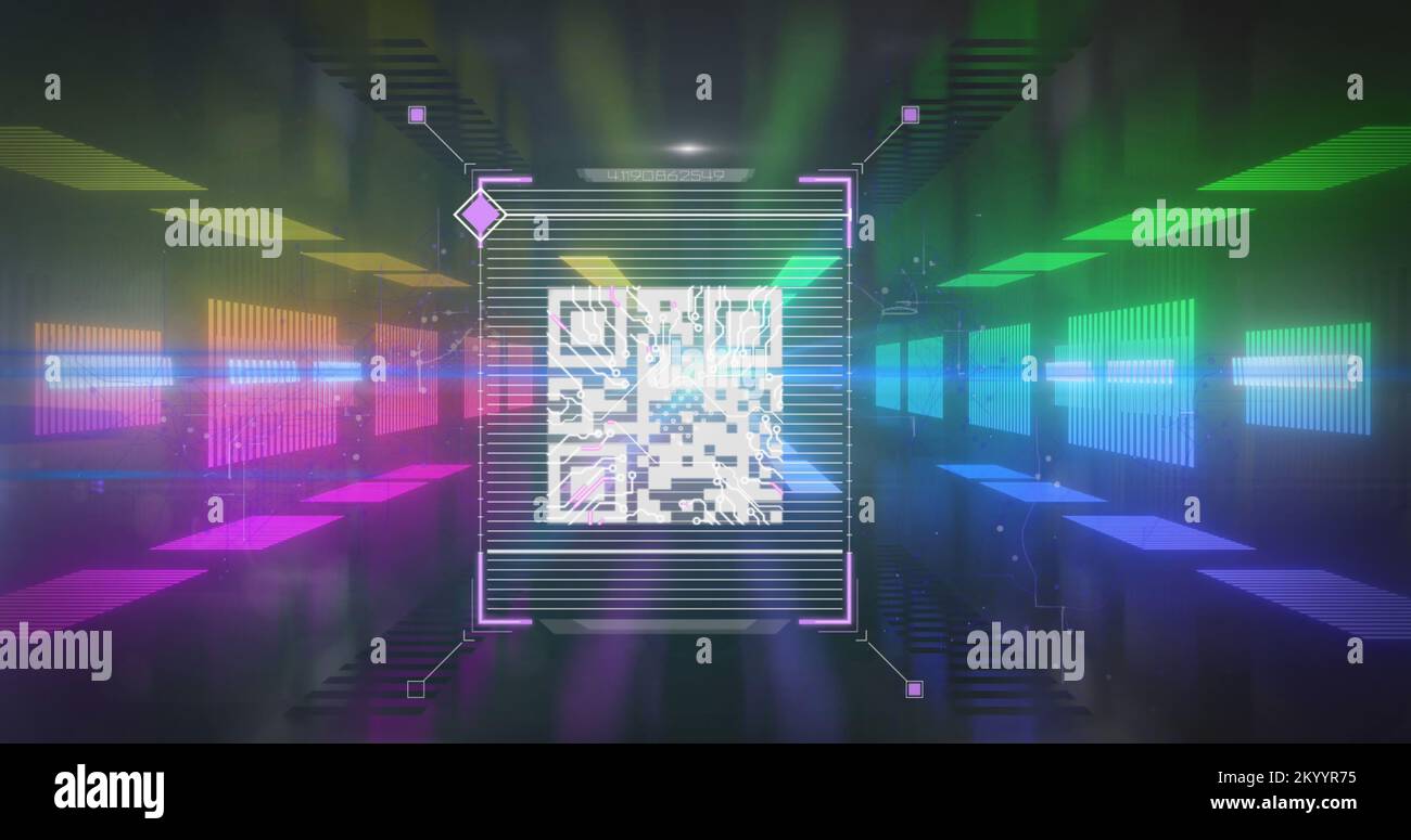 QR code scanner over thumb scanning against glowing tunnel Stock Photo ...