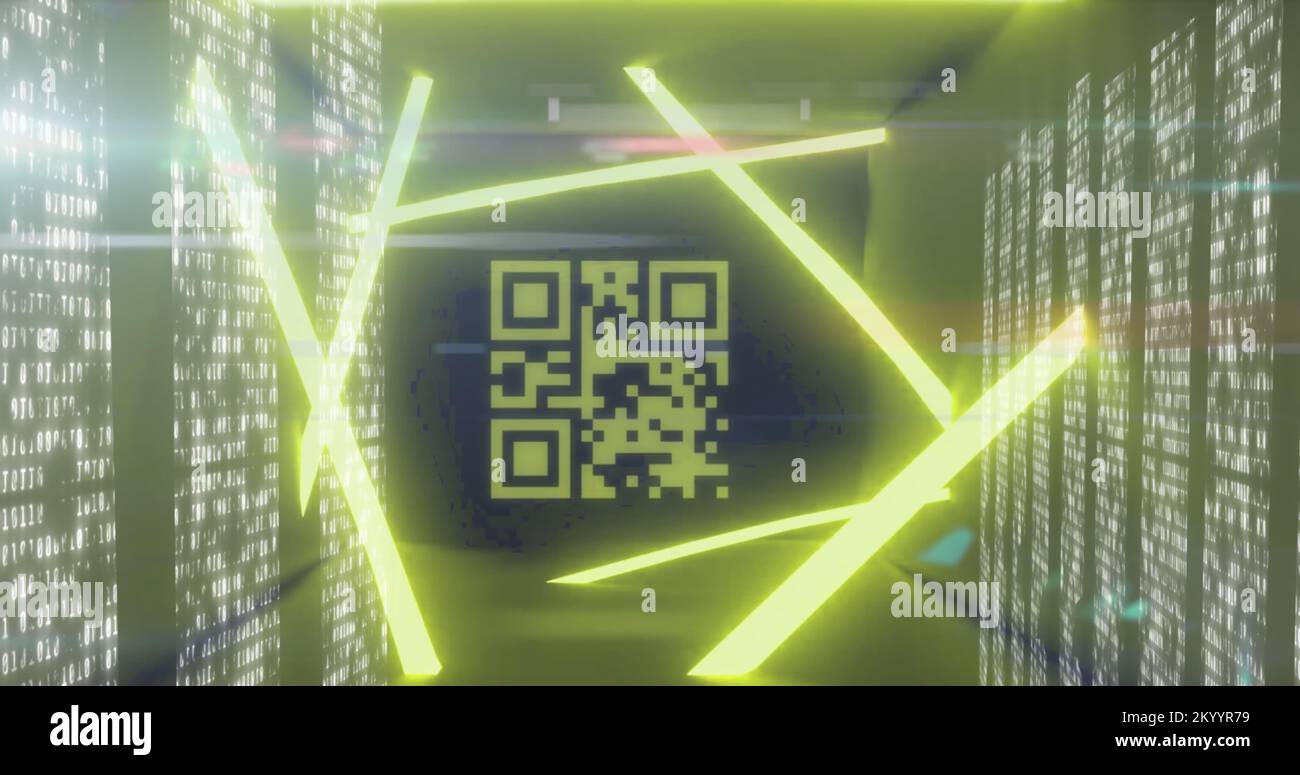 QR code scanner with neon elements against screens of data processing ...