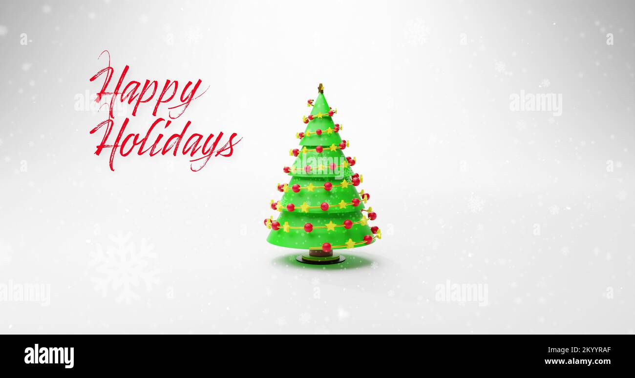 Image of christmas tree over happy holidays text Stock Photo - Alamy