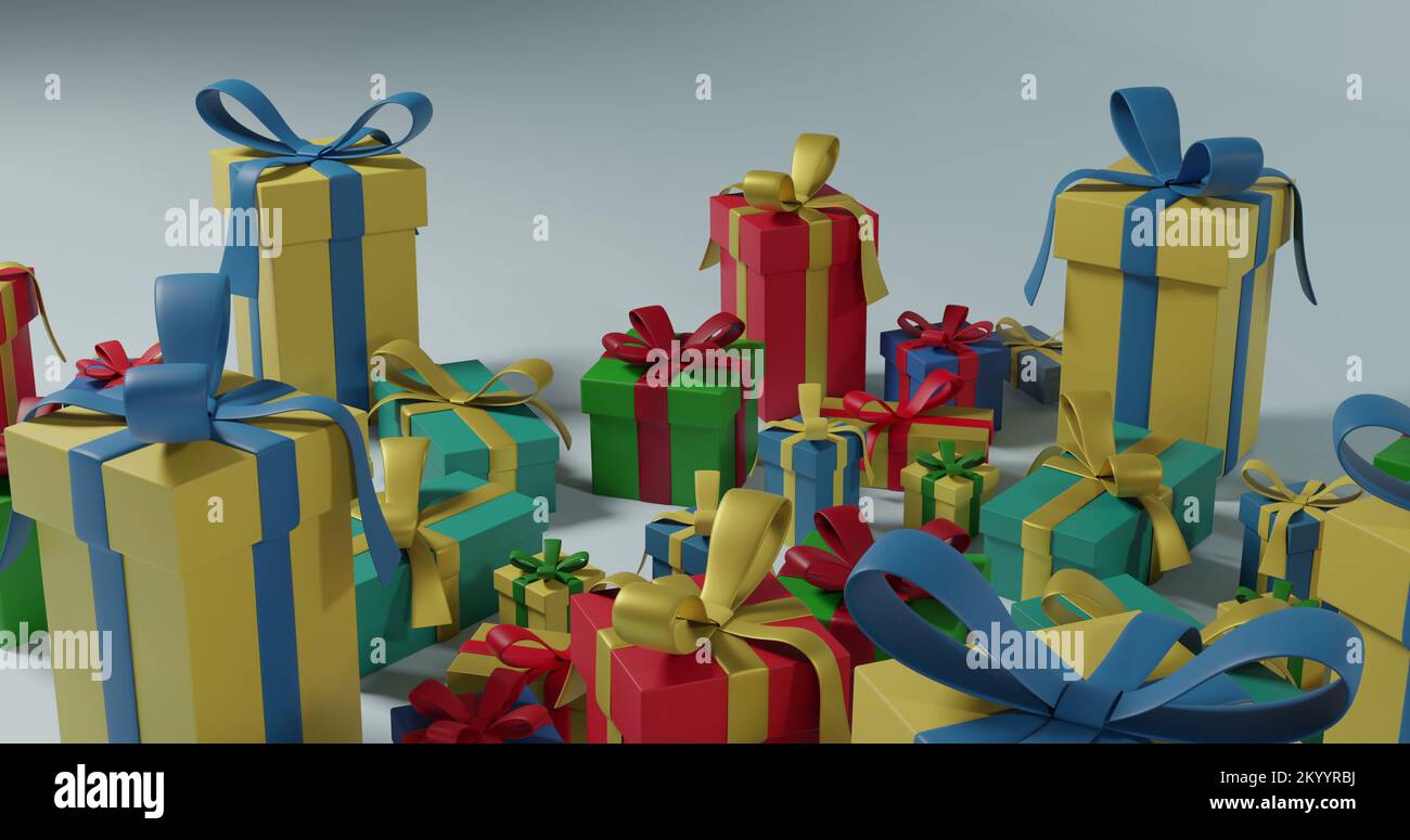 Image of multi coloured christmas presents with ribbons over grey ...