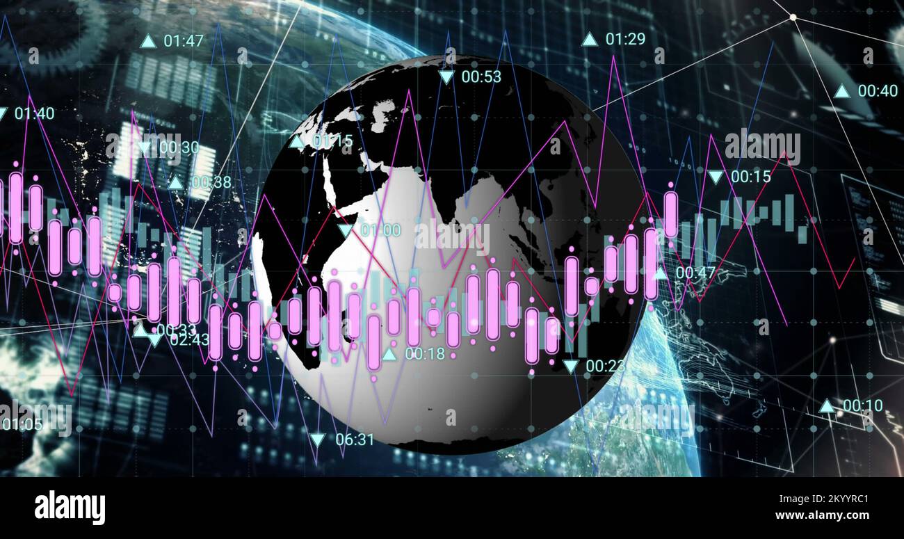The image shows a globe rotating on top of another globe, with various ...