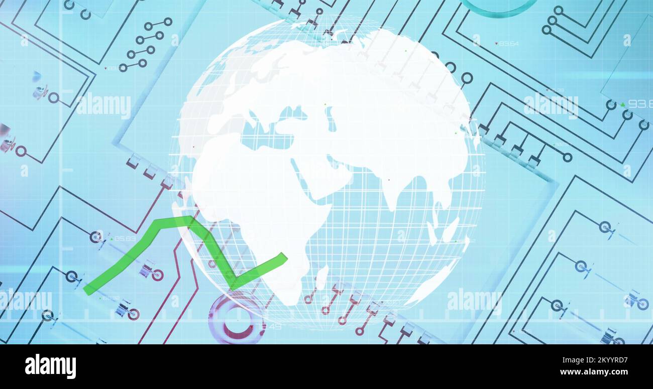 Image of a graph rolling with a globe spinning over a microprocessor ...