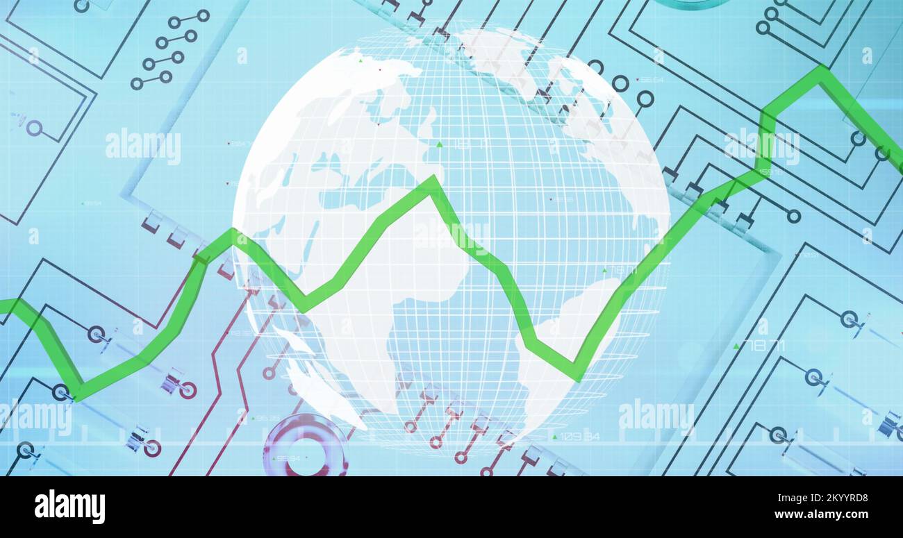 Image of a graph rolling with a globe spinning over a microprocessor ...