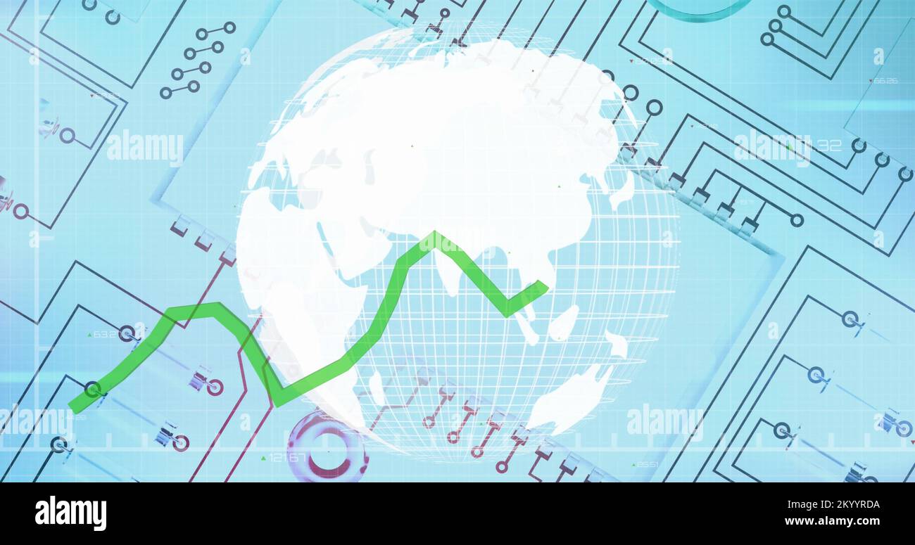 Image of a graph rolling with a globe spinning over a microprocessor ...