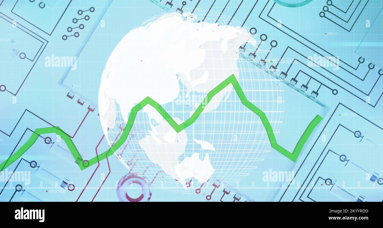 Image of a graph rolling with a globe spinning over a microprocessor ...