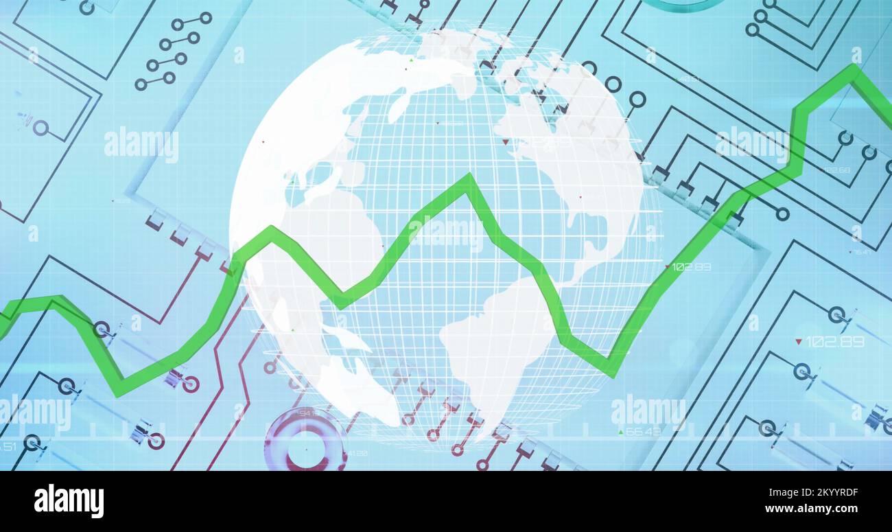 Image of a graph rolling with a globe spinning over a microprocessor ...