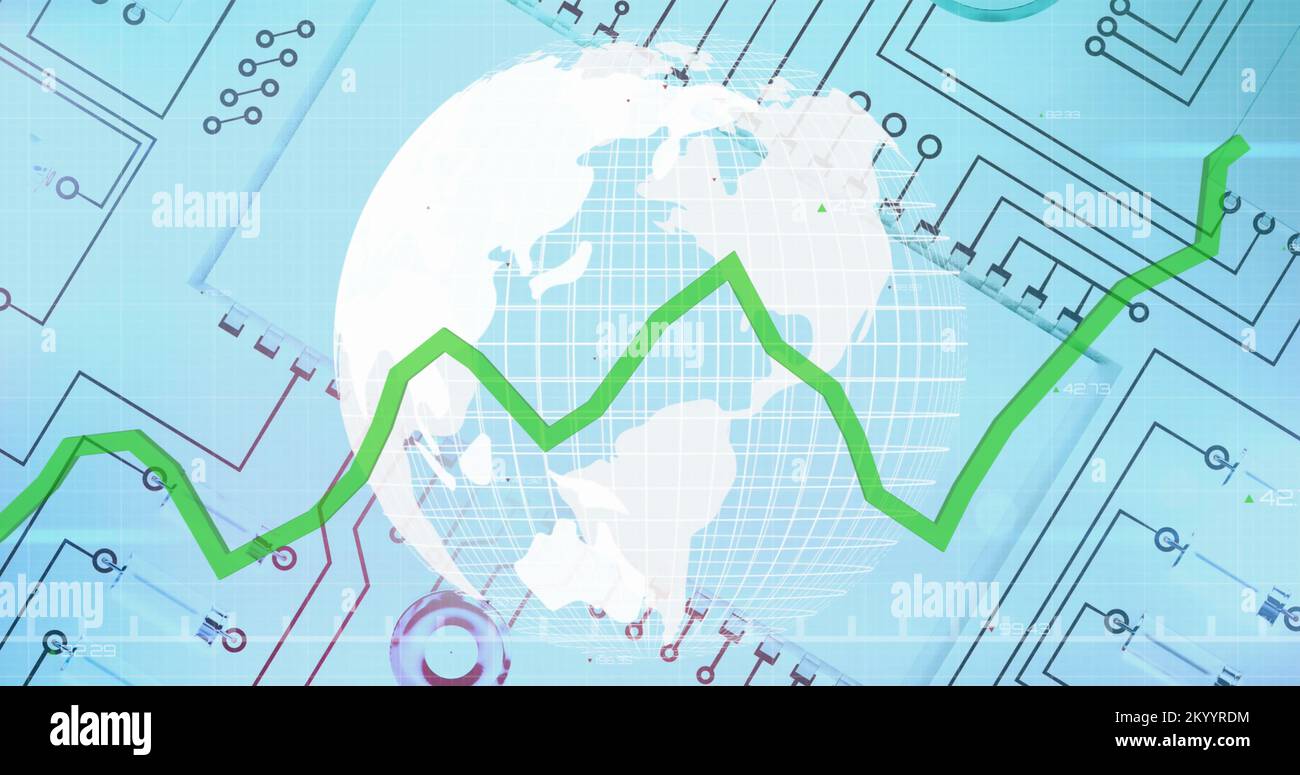 Image of a graph rolling with a globe spinning over a microprocessor ...