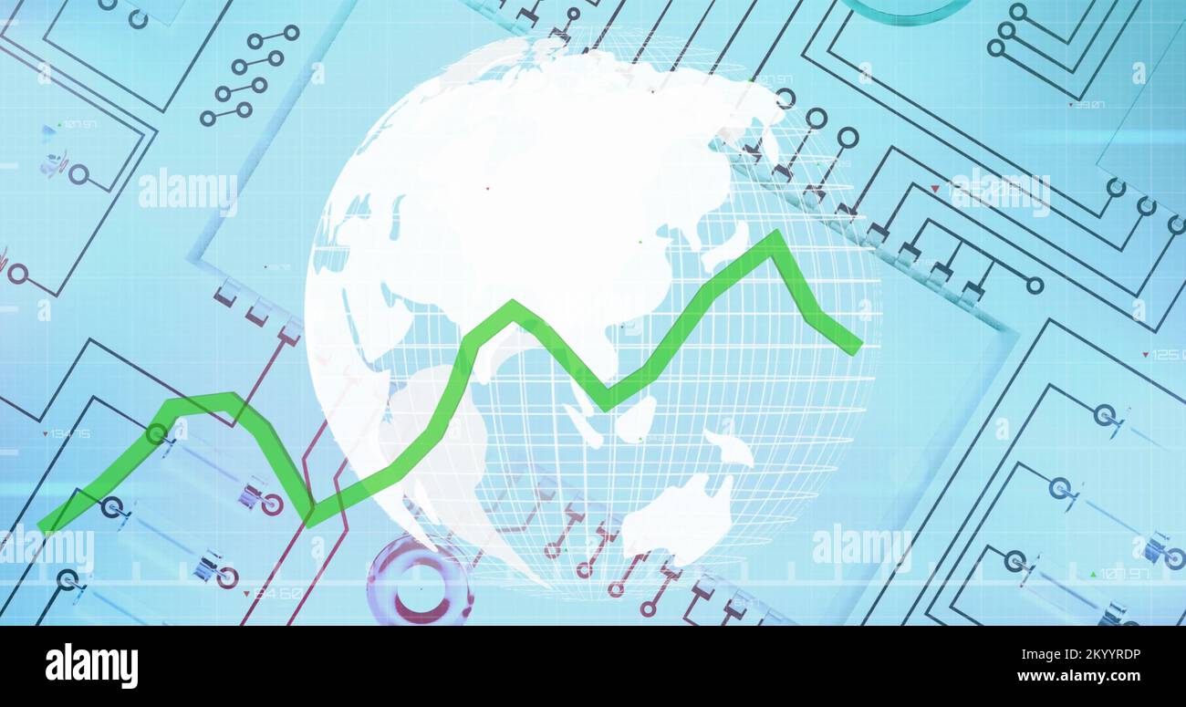 Image of a graph rolling with a globe spinning over a microprocessor ...