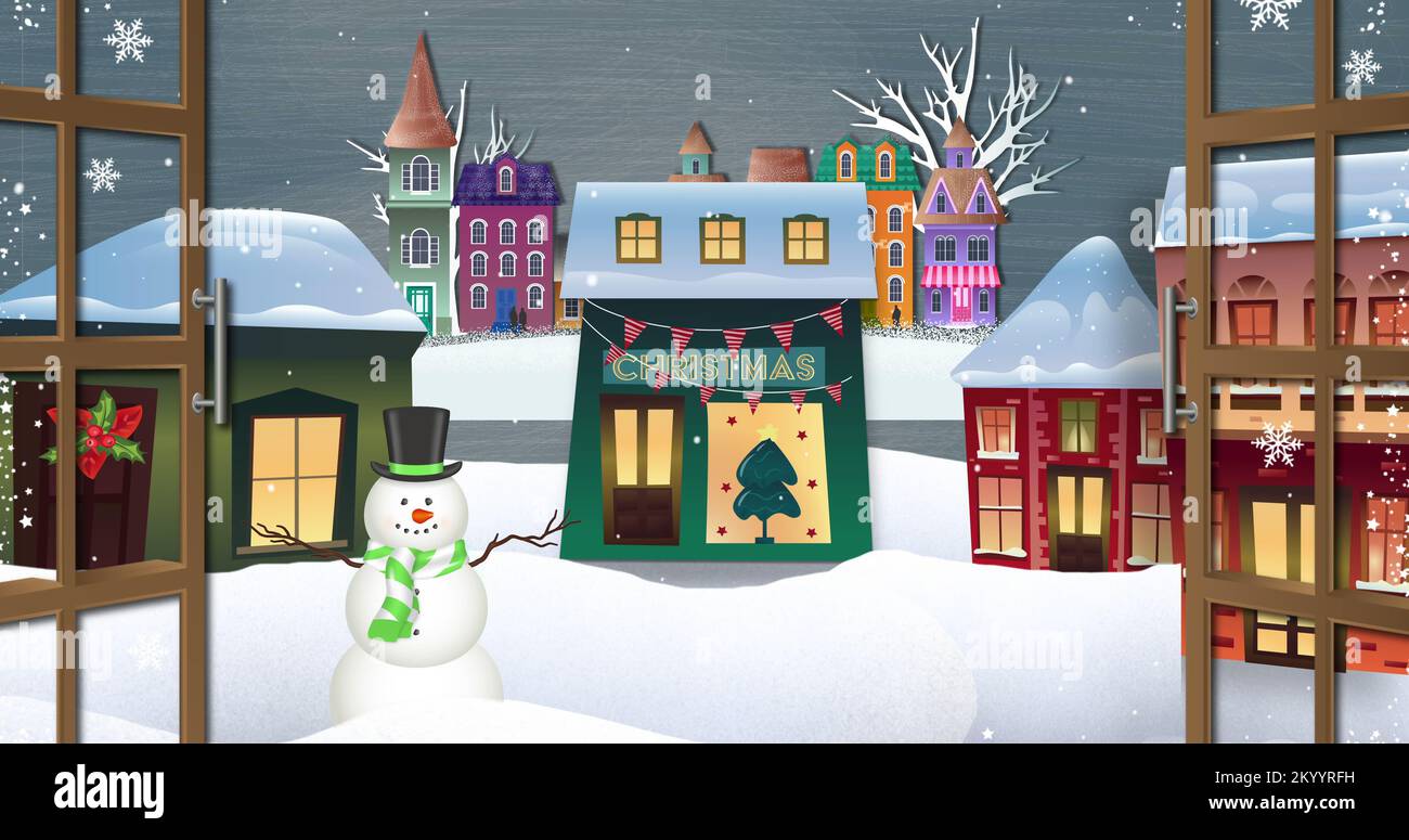 Image of window and snow falling over houses and winter landscape at ...