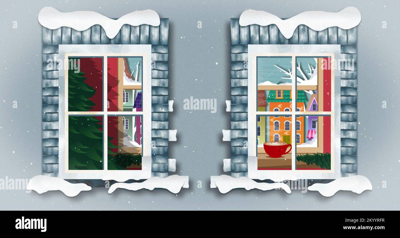 Image of snow falling and windows over houses and winter landscape at ...