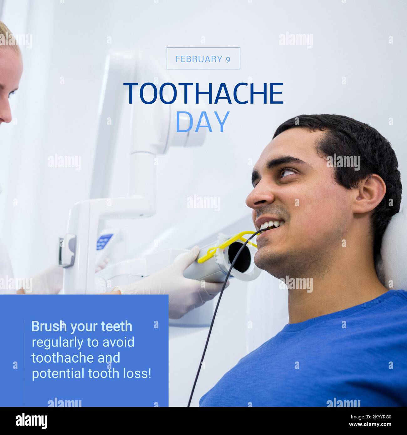 Composition of toothache day text and hispanic male patient at dentist ...