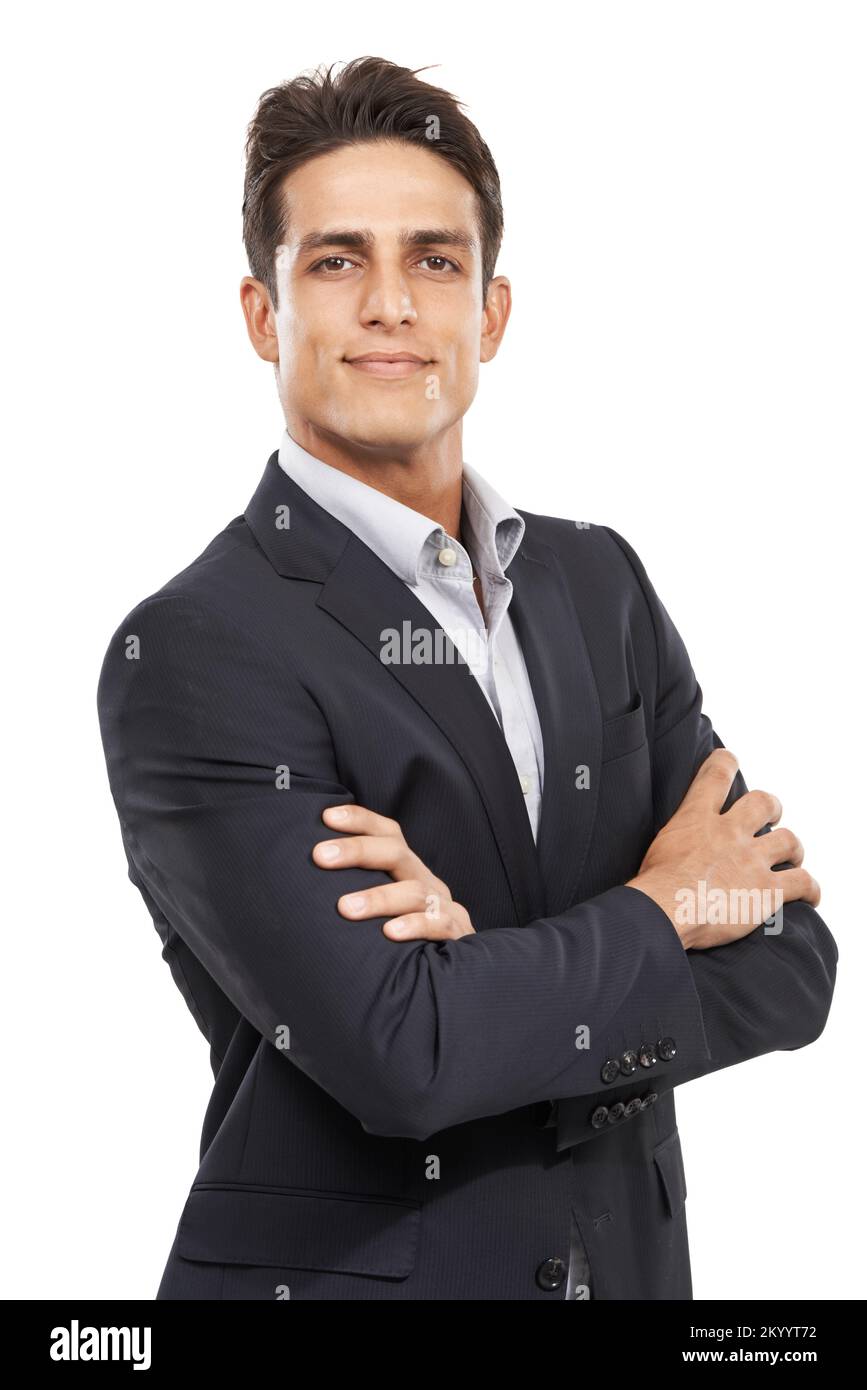 Confidence in a suit. Portrait of a confident young man standing with his arms crossed Stock ...
