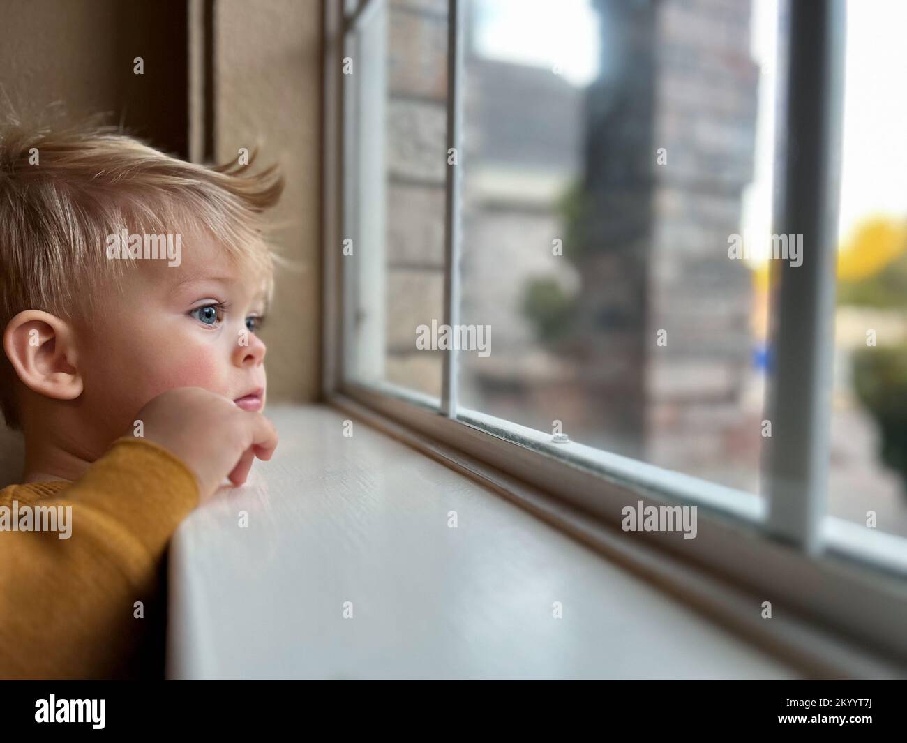 Cute little toddler looking at the window at home, close up portrait ...