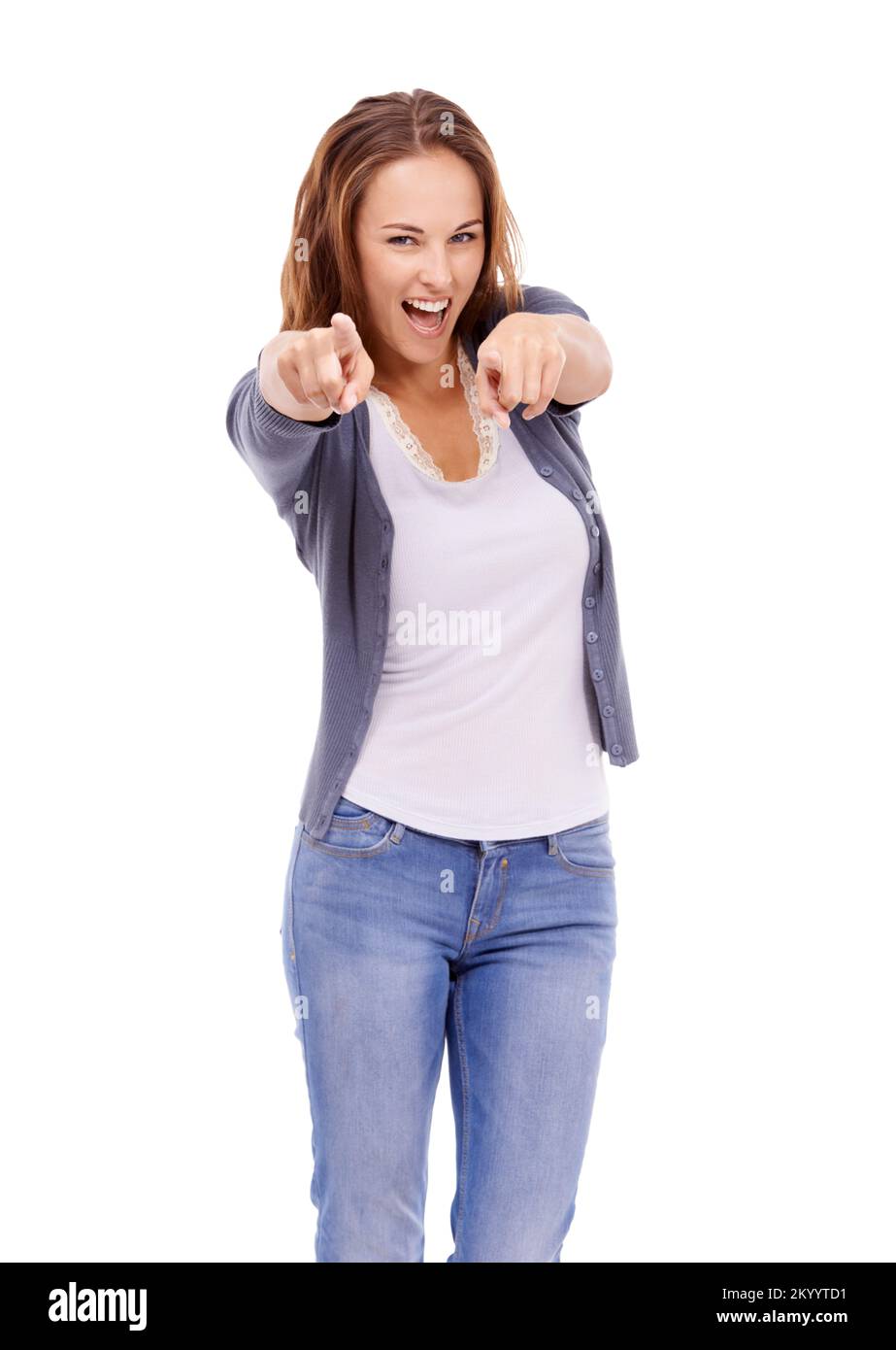 Youre the one. Casually dressed woman looking excited while pointing at ...