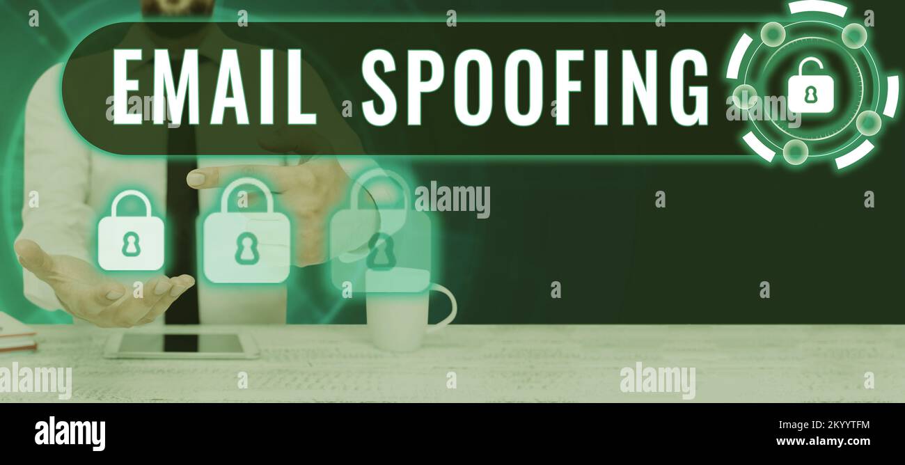 Hand writing sign Email Spoofing. Word for secure the access and ...
