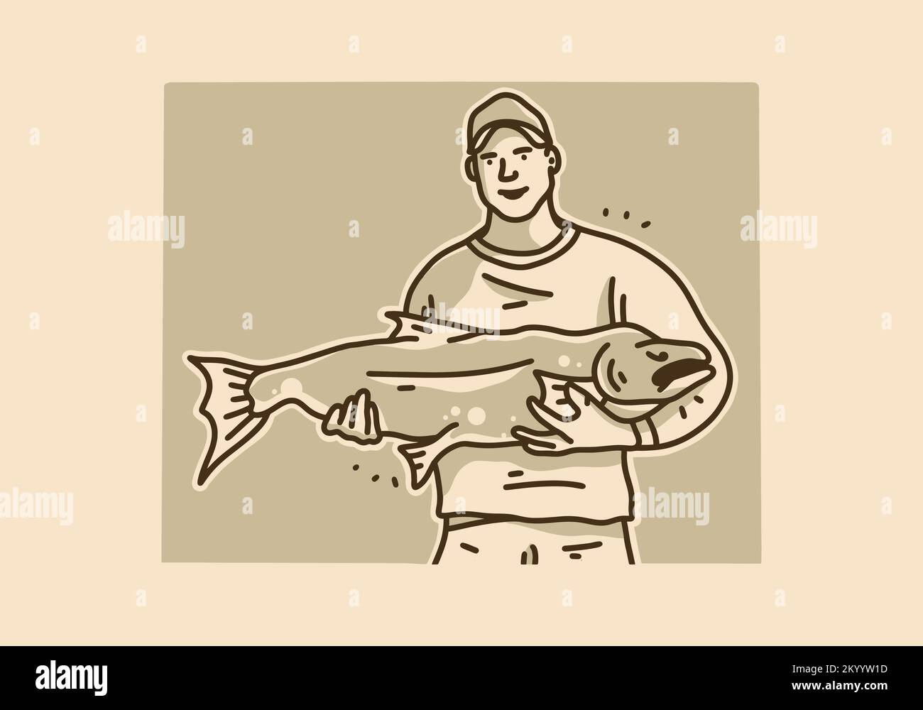 Vintage art illustration design of a man holding a big fish Stock ...