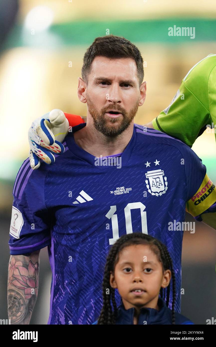 DOHA, QATAR - NOVEMBER 30: Player of Argentina Lionel Messi sings the ...