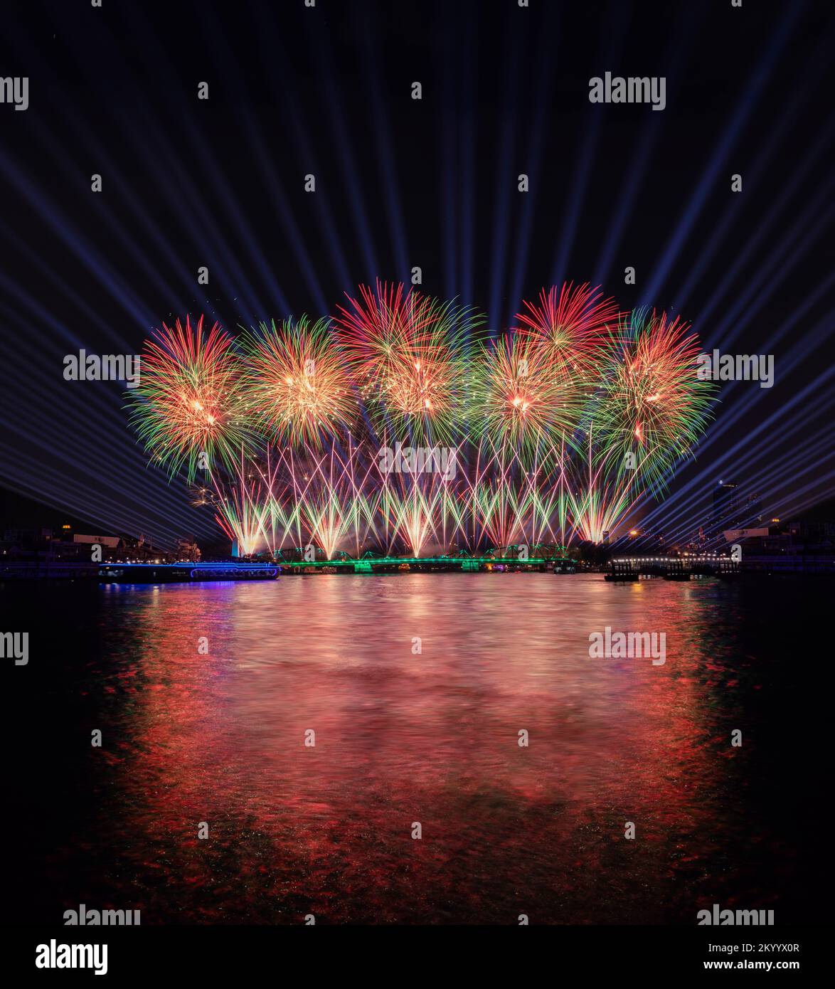 Beautiful fireworks and iconic Bangkok landmarks are illuminated by ...