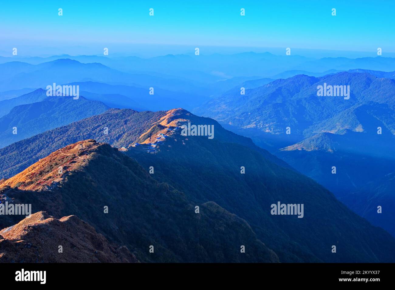 Aerial view of ridge in Annapurna massif with mountain huts, Nepal ...