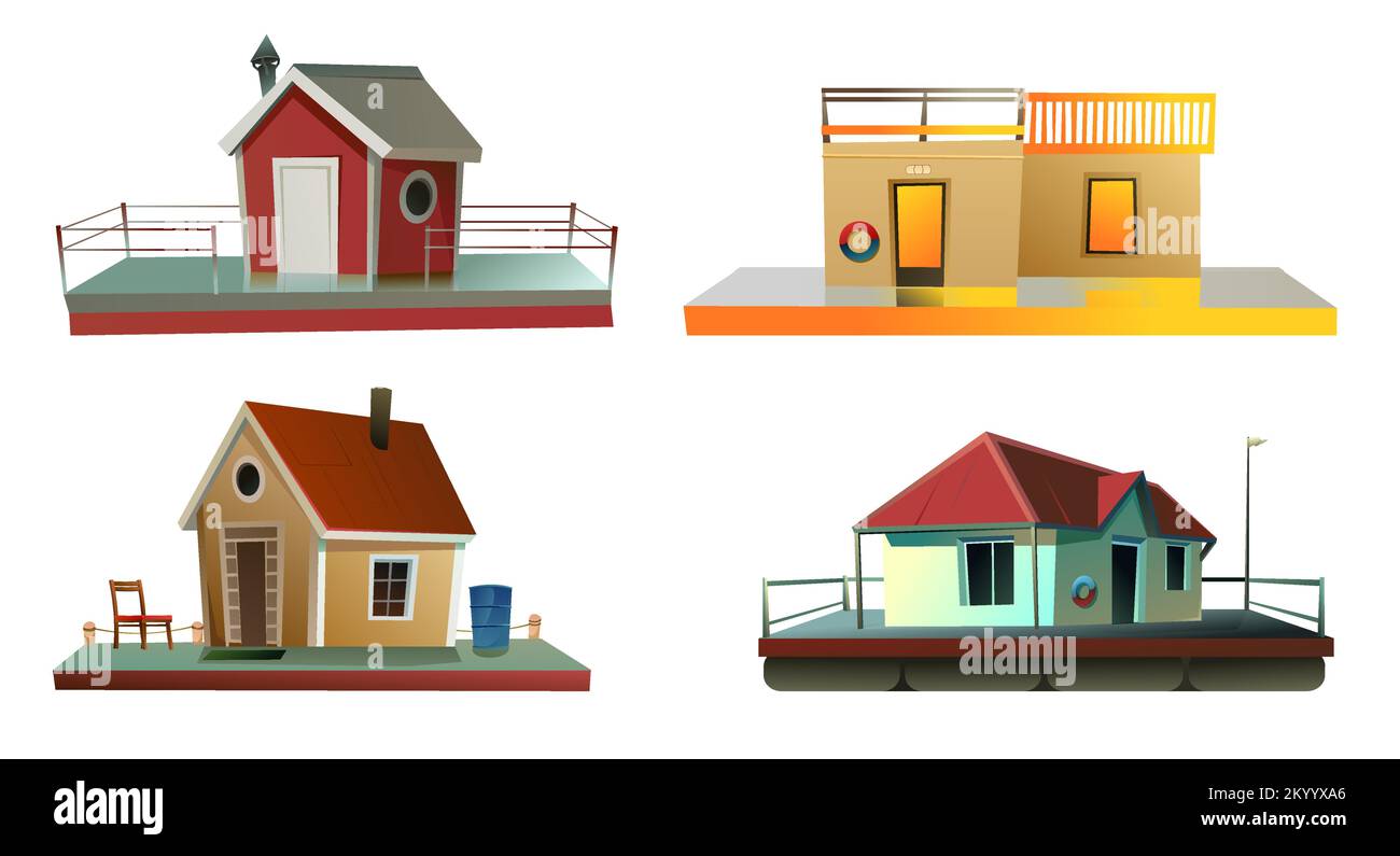 Set of Floating house. Dwelling with small courtyard on water. Isolated ...