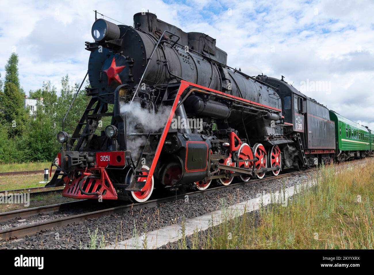 KUZHENKINO, RUSSIA - JULY 16, 2022: Old soviet steam locomotive L-3051 ...