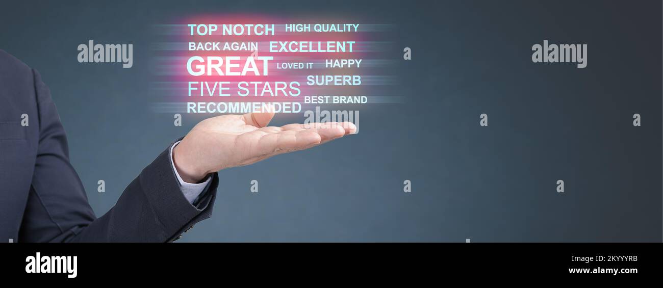 Businessman's hand holds positive feedback about his service, business ...