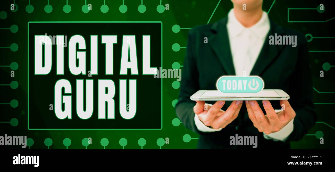 Text caption presenting Digital Guru. Word for teacher and intellectual ...