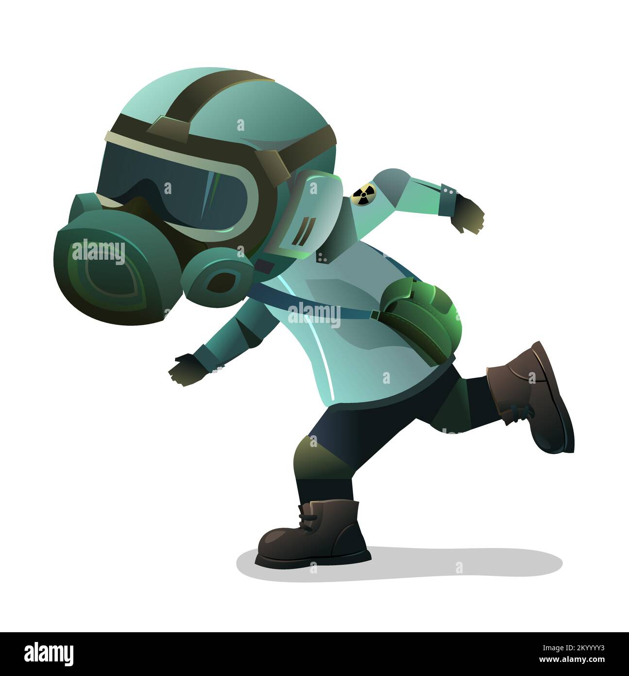 Man in gas mask running fast. Character in chemical protection against ...