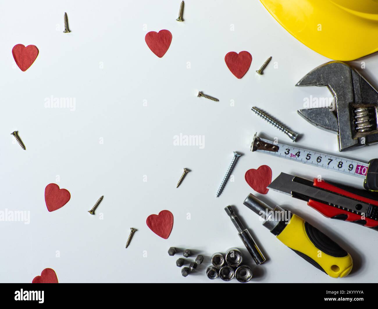 Construction tools, hard hat on white background with copy space Stock ...