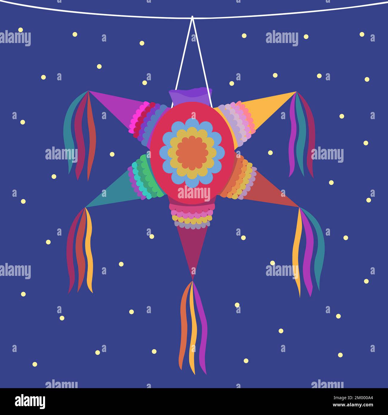 Colorful colored pinata with papers and 5 spikes, on a blue background ...