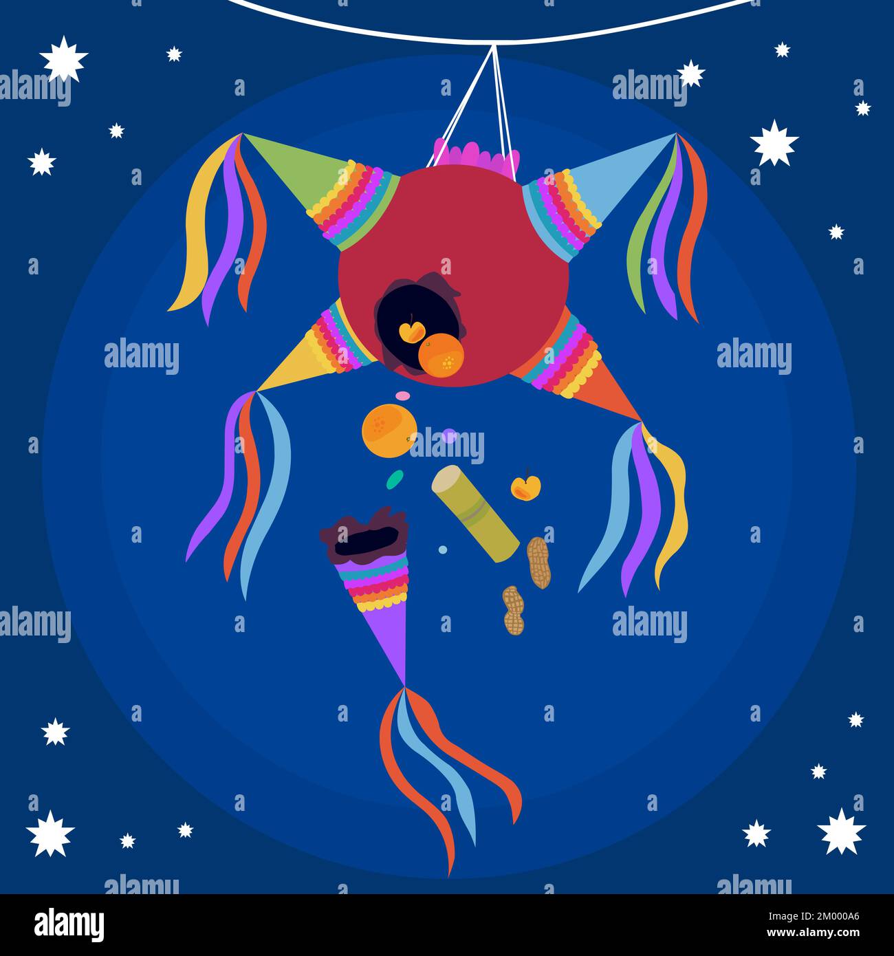 Colorful piñata breaking with fruit and candy, under a night sky Stock ...