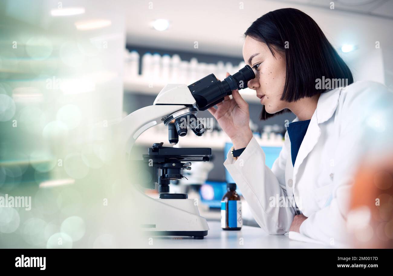 Woman, laboratory or doctor with microscope for science data analysis ...
