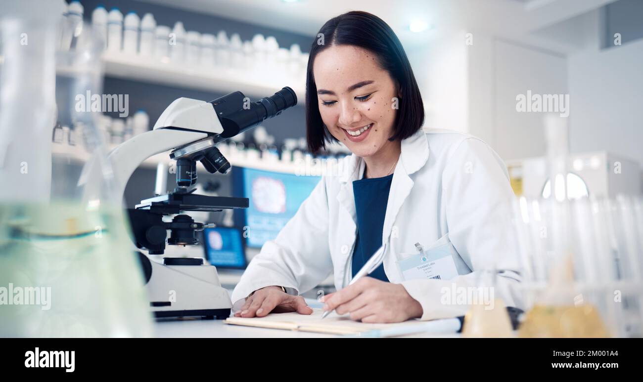 Science, notes and woman in laboratory for data analysis, research and ...