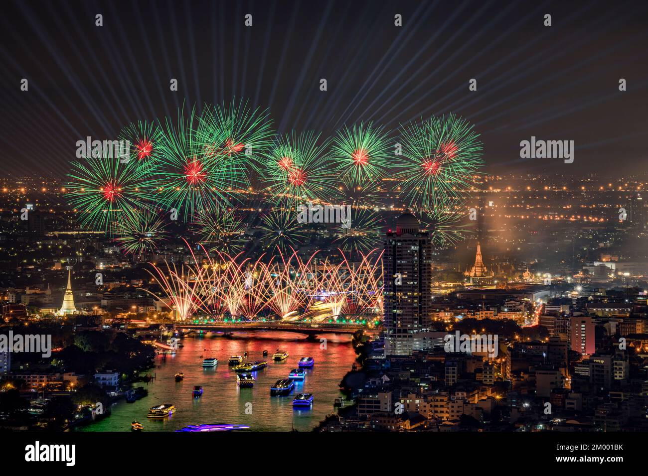 Beautiful fireworks and iconic Bangkok landmarks are illuminated by ...