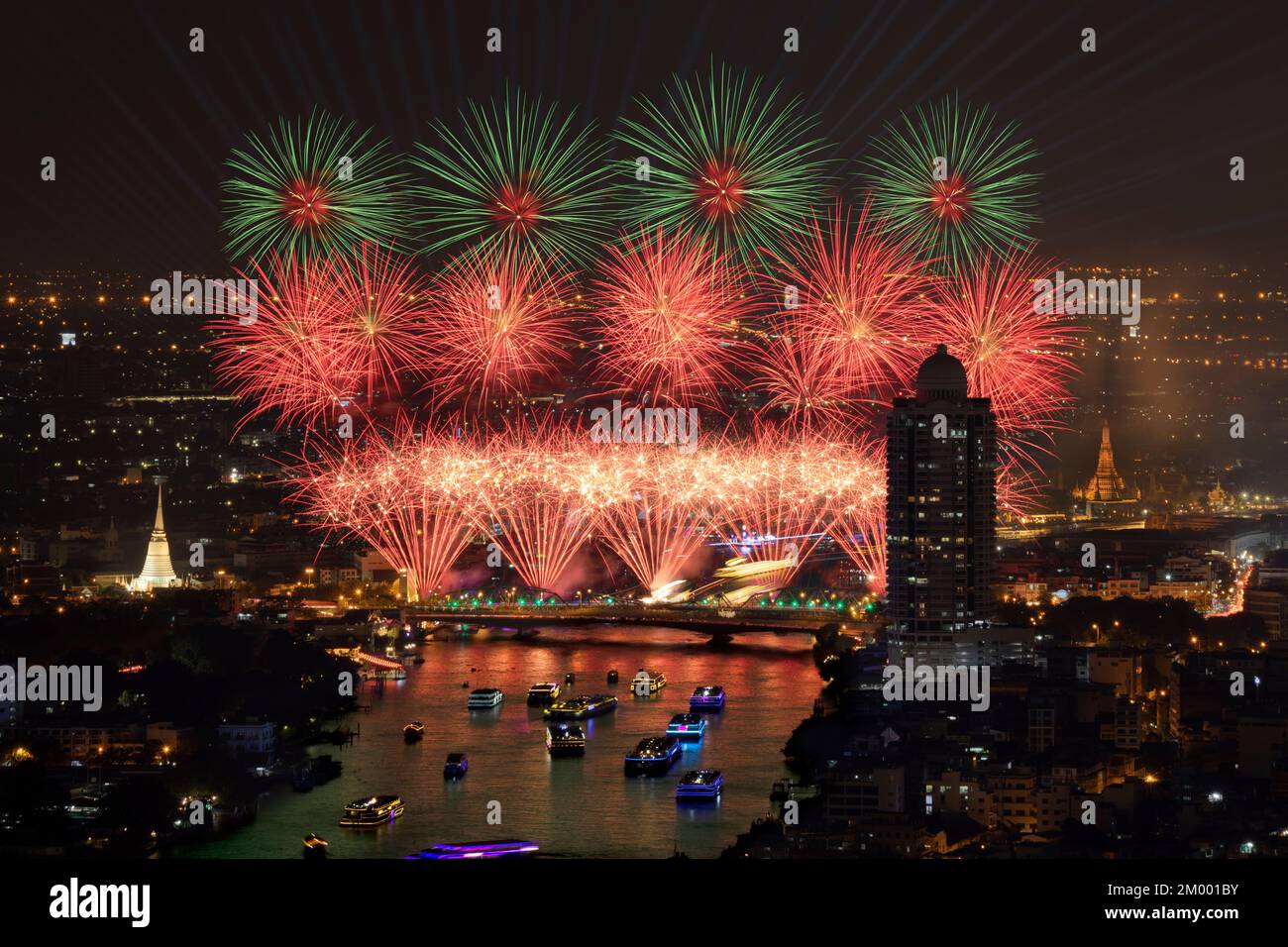 Beautiful fireworks and iconic Bangkok landmarks are illuminated by ...
