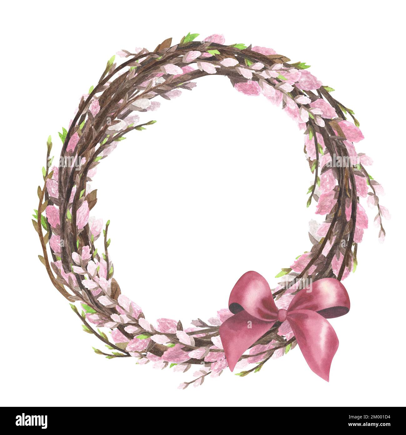 Wreath watercolor with pink pussy willow twigs, green leaves and red ...
