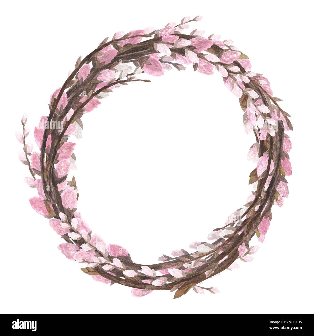 Wreath watercolor with pink pussy willow, spring branch, green leaves ...