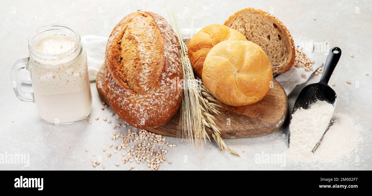 Bread assortment on neutral background. Fresh homemade pastry ...