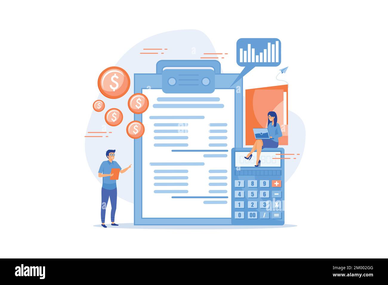 Financial analysts doing income statement with calculator and laptop ...