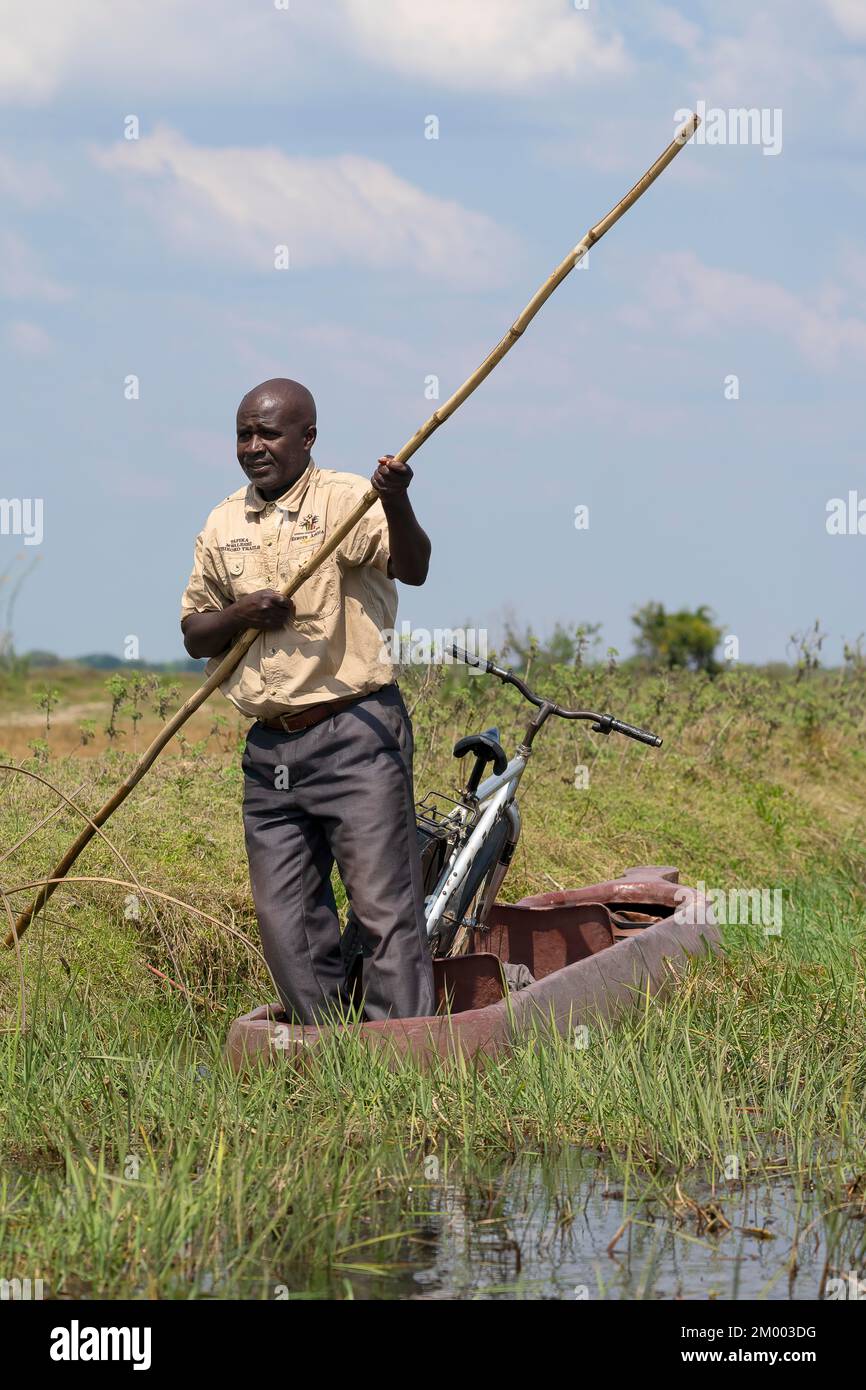Man pushing dugout canoe with bicycle through swamp, Bangweulu Swamps ...