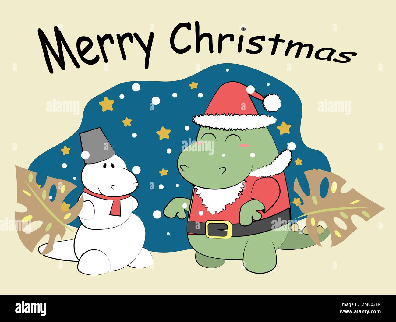New Years dinosaur with snowman congratulate you on the holiday Stock ...