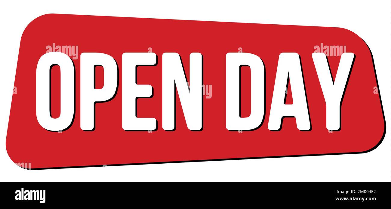 OPEN DAY text written on red trapeze stamp sign Stock Photo - Alamy