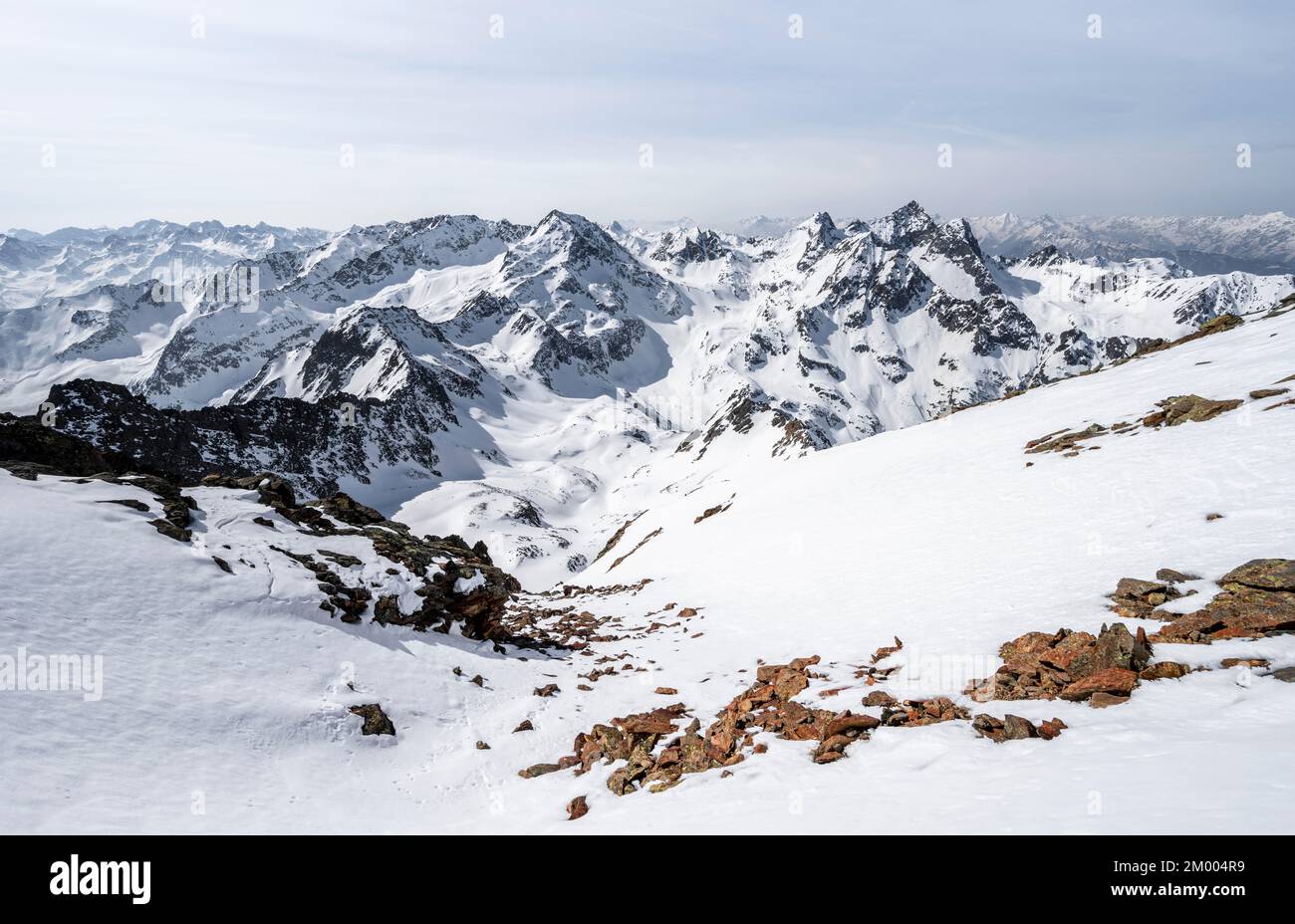 View of snow-covered mountain panorama, view from Sulzkogel, behind ...