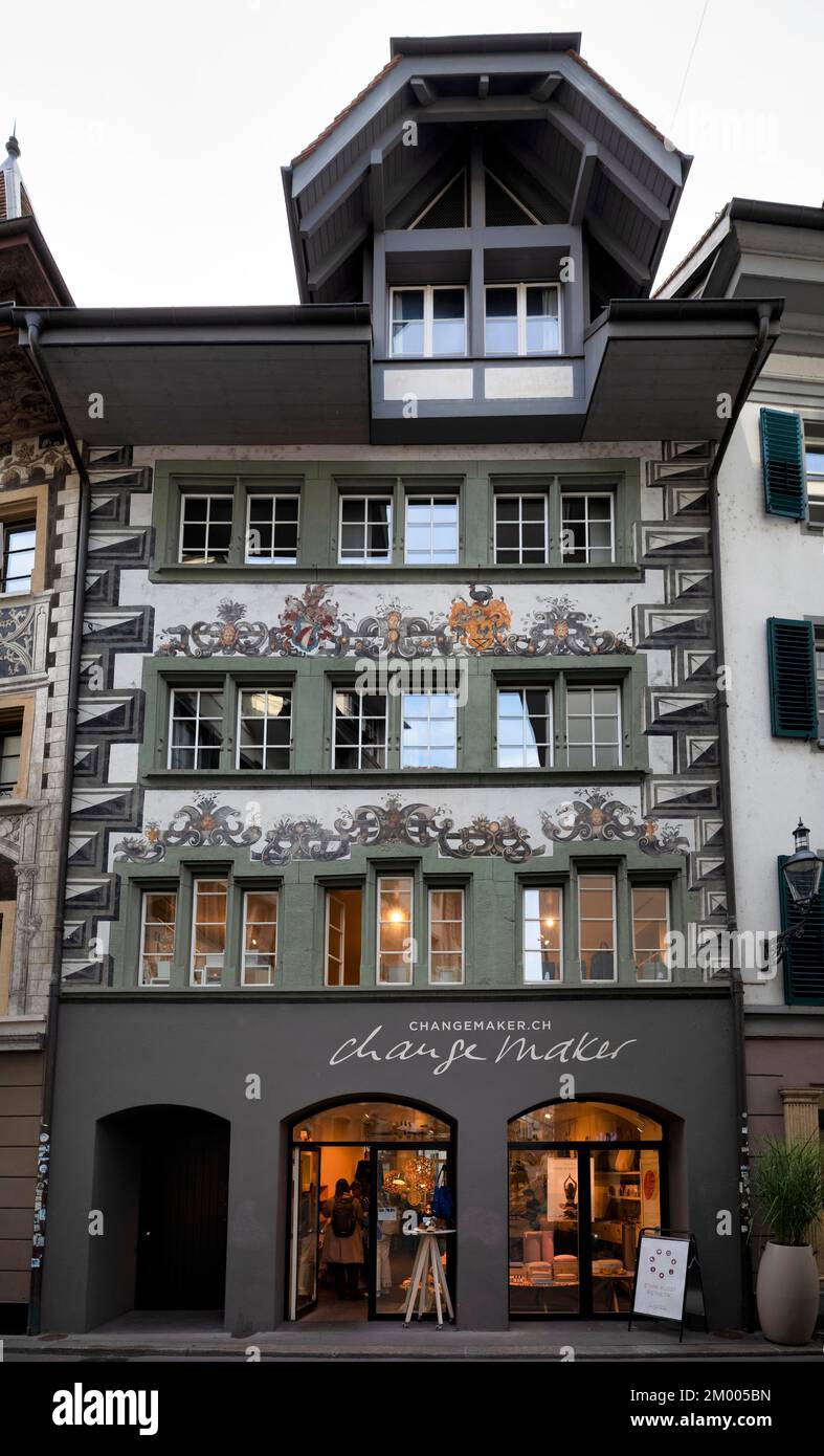 Changemaker building, façade painting, Lucerne, Old Town, Switzerland ...