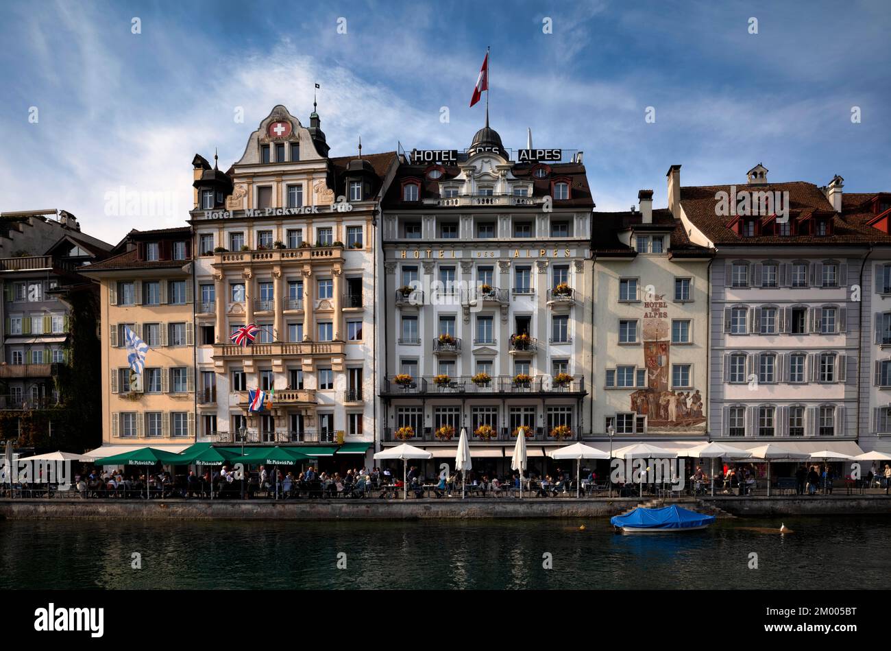 View from the Chapel Bridge onto the hotel promenade, Hotel des Alpes ...