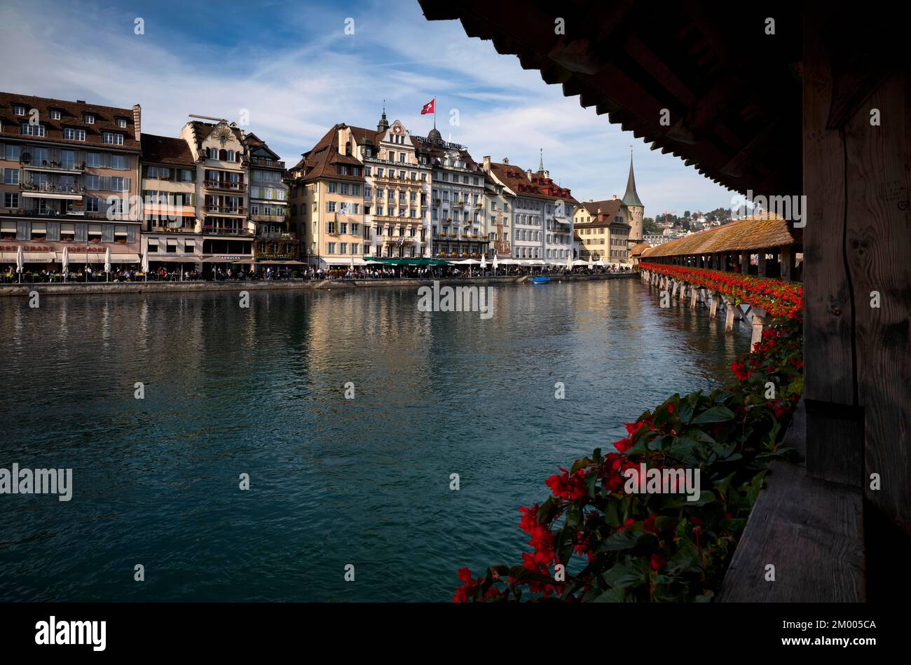View from the Chapel Bridge onto the hotel promenade, Hotel des Alpes ...