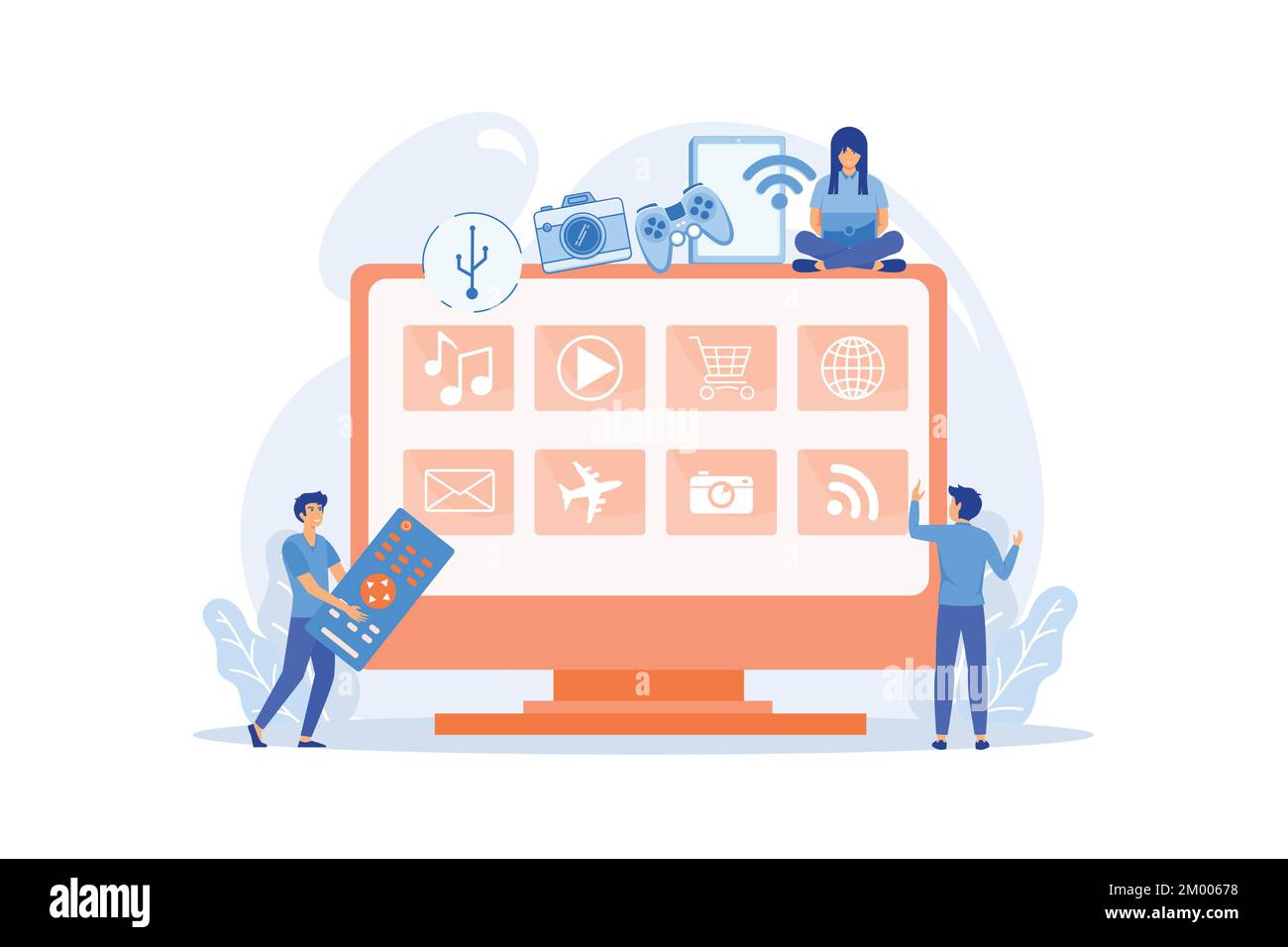 Tiny people using smart television connected to modern digital devices ...