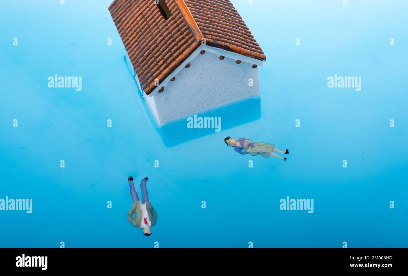 Little model house and figurines of man and woman float in water Stock ...